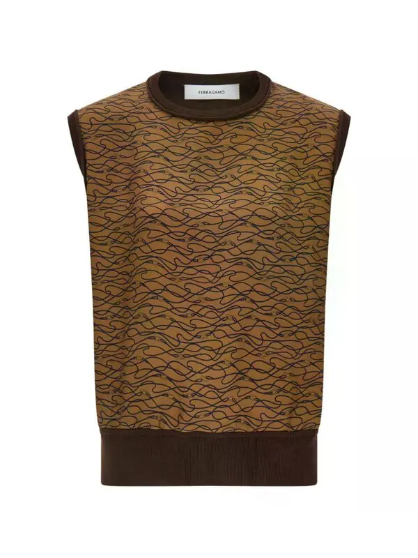 FERRAGAMO Sleeveless Knit Top With Silk Panel - Brown