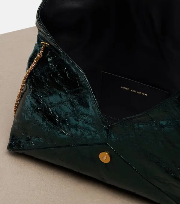 Dries Van Noten Medium Metallic Leather Clutch - Green