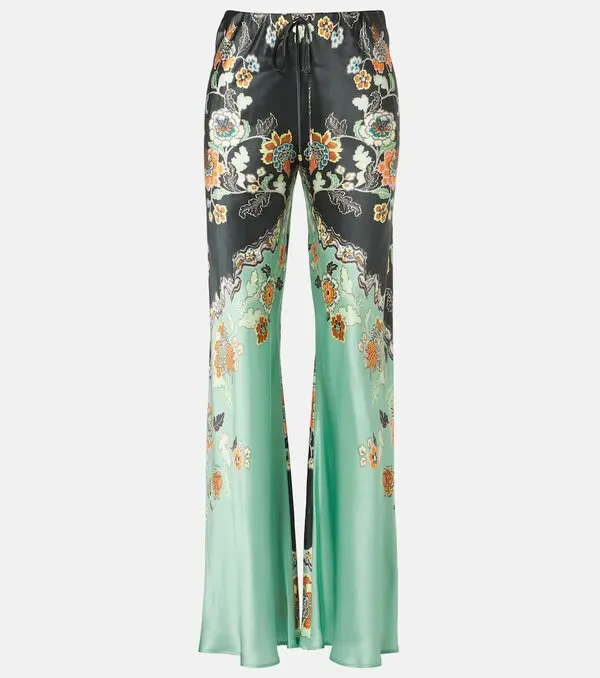 Roberto Cavalli Floral Silk Satin Flared Trousers - Green