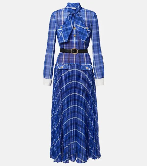 SELF-PORTRAIT Belted Checked Chiffon Midi Dress - Blue