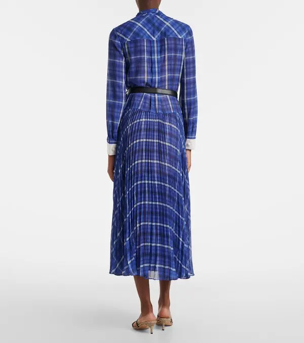 SELF-PORTRAIT Belted Checked Chiffon Midi Dress