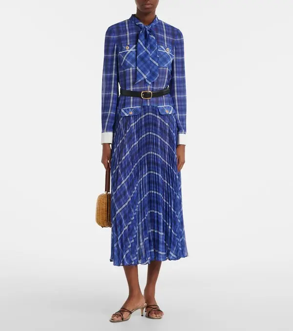 SELF-PORTRAIT Belted Checked Chiffon Midi Dress