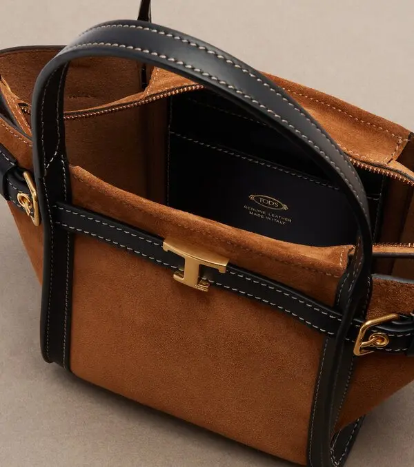TOD'S T Signature Mini Suede Top Handle Bag - Brown