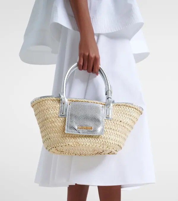 Jacquemus Small Croc-effect Raffia Basket Bag With Top Handles And Shoulder Strap - Silver