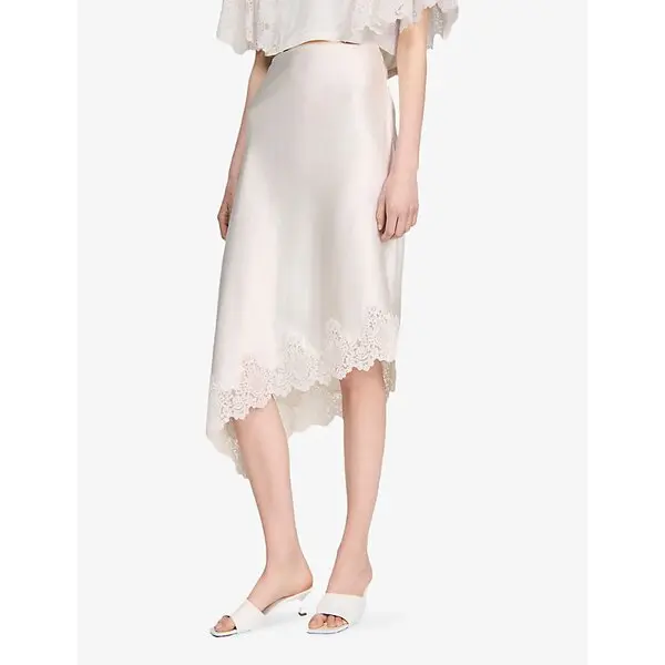 Sandro Asymmetrical Lace-trim Satin Midi Skirt - Ecru