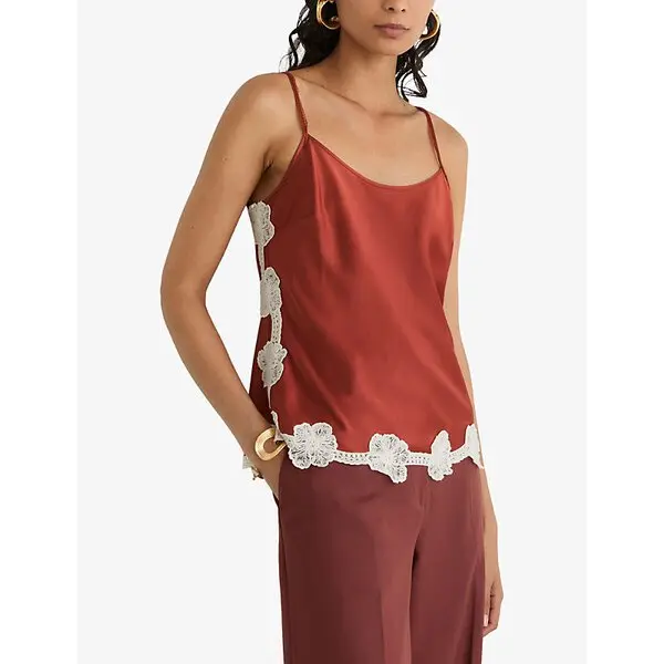 REISS Floral-lace Stretch-satin Top - Rust Orange