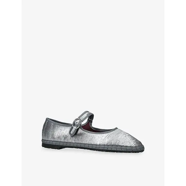 FLABELUS Lavinia Velvet Mary Jane Flats - Silver