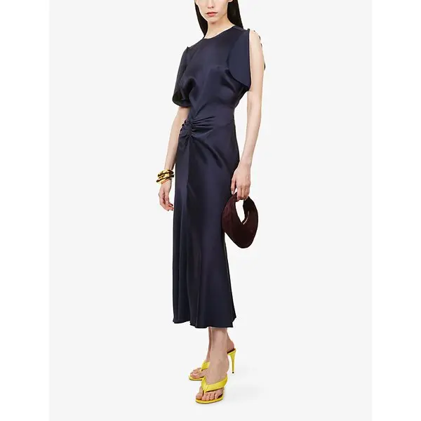 Victoria Beckham Bela Draped-sleeves Woven Midi Dress - Midnight