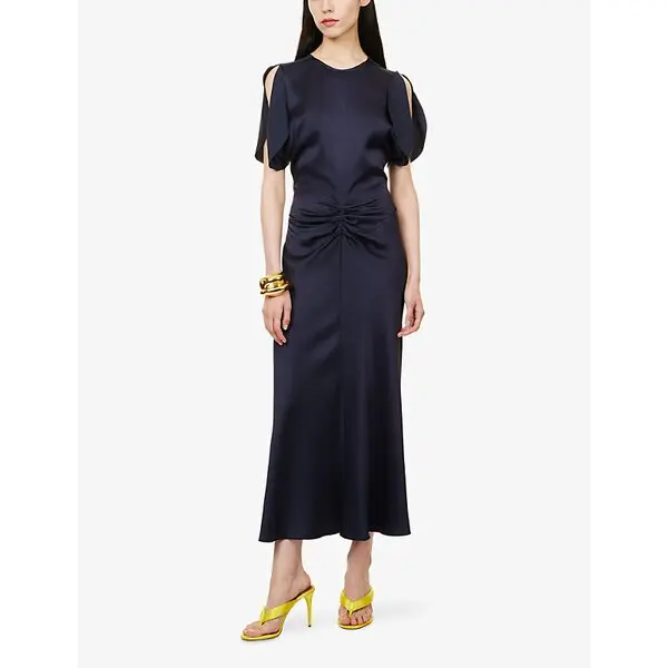 Victoria Beckham Bela Draped-sleeves Woven Midi Dress - Midnight