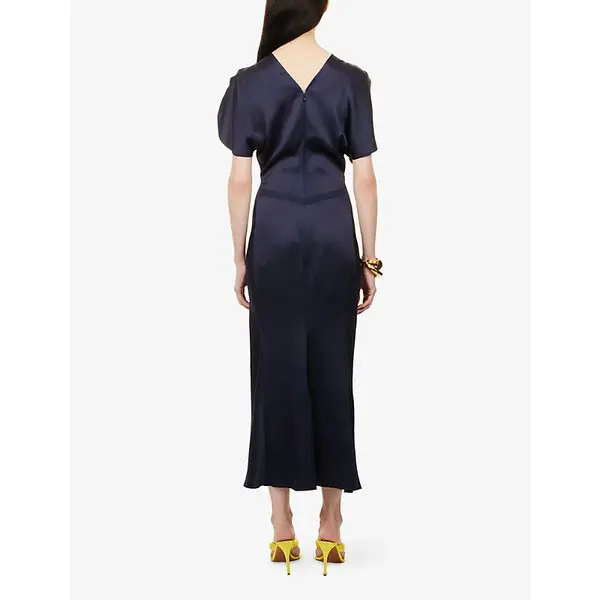 Victoria Beckham Bela Draped-sleeves Woven Midi Dress - Midnight