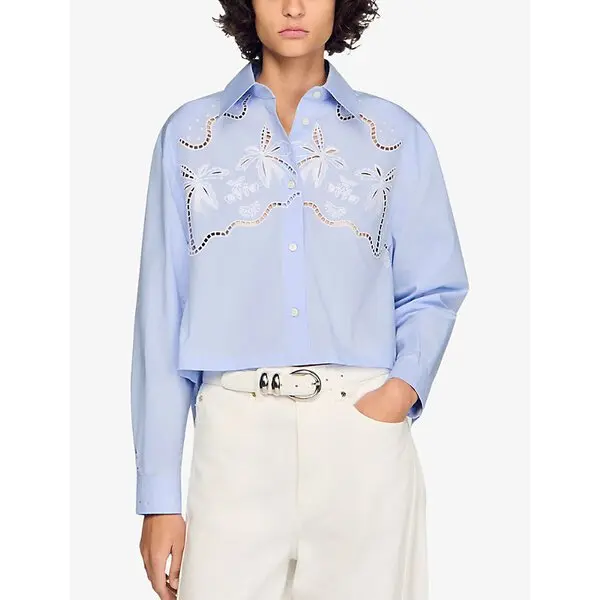 Sandro Relaxed-fit Embroidered Cotton Shirt - Sky Blue