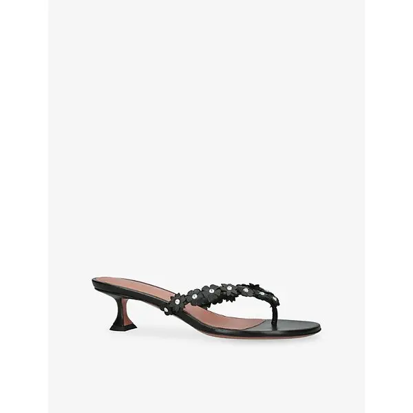 Amina Muaddi Janis Thong 45 Leather Heeled Sandals - Black