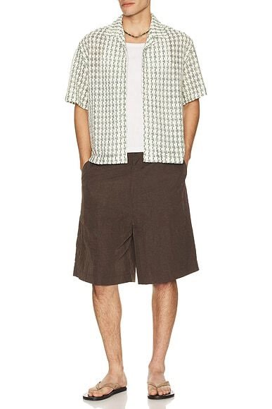 PERCIVAL Freddie Crochet Cuban Collar Boxy Shirt - Green