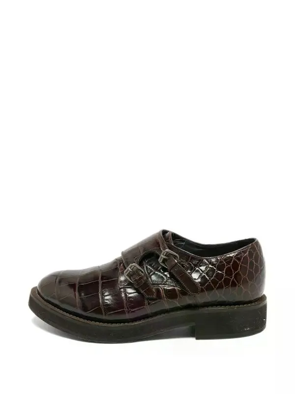 Brunello Cucinelli Leather Croc-embossed Double Strap Oxford Shoes - Brown
