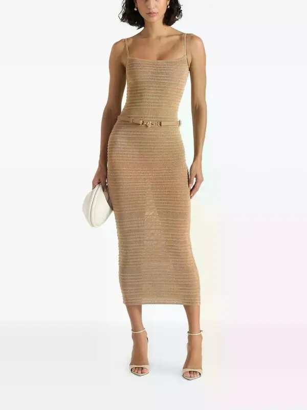 Manière De Voir Danika Metallic Rib-knit Belted Midi Dress - Neutrals