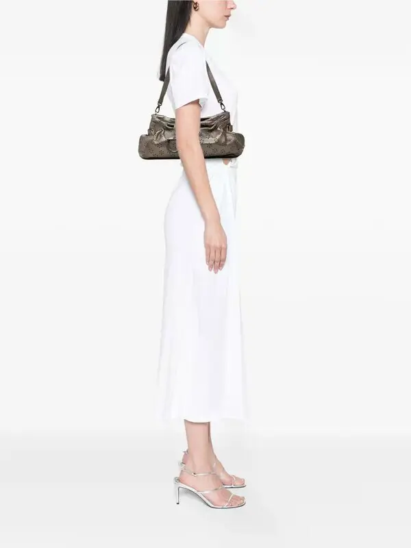 FERRAGAMO Perforated Metallic Calfskin Gancini Satchel - Brown