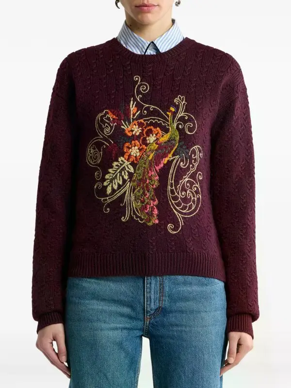 Etro Cropped Cable-knit Sweater With Peacock Embroidery - Red