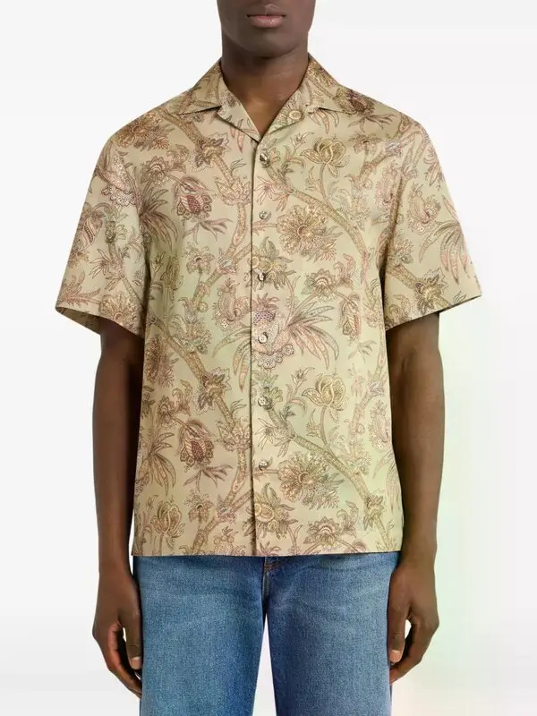 Etro Bowling Shirt In Cotton Satin With Floral Paisley Motif - Neutrals
