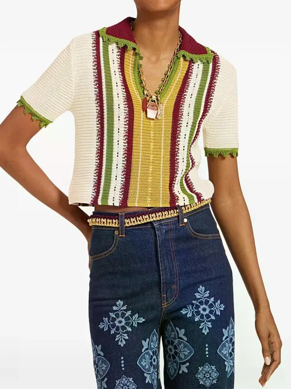 La DoubleJ Cropped Knit Polo With Crochet Detailing