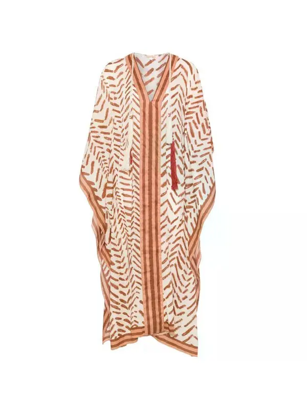 Johanna Ortiz Beige Abstract Pattern V-neck Midi Dress - Neutrals