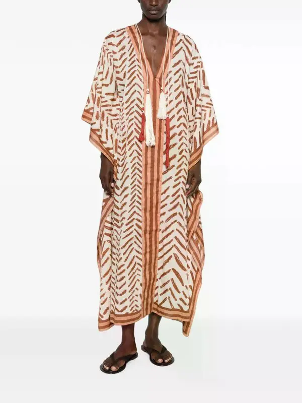 Johanna Ortiz Beige Abstract Pattern V-neck Midi Dress