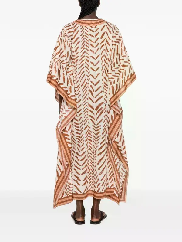 Johanna Ortiz Beige Abstract Pattern V-neck Midi Dress