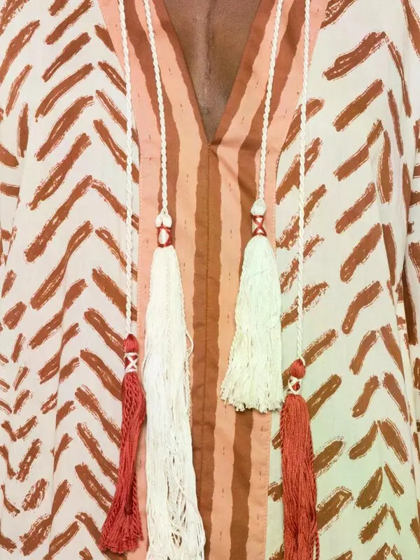 Johanna Ortiz Beige Abstract Pattern V-neck Midi Dress