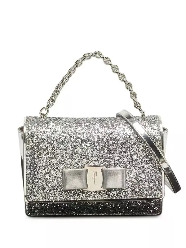 FERRAGAMO Vara Bow Glitter Top Handle Bag - Silver