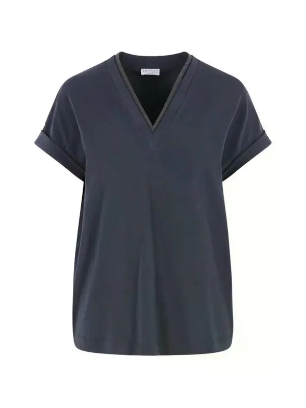 Brunello Cucinelli Rolled Cuff T-shirt With Monili Trim - Blue
