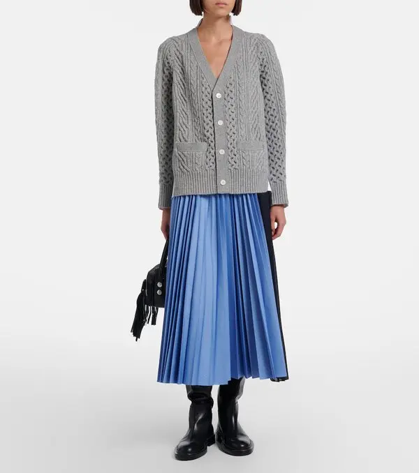 Sacai Cable-knit Wool And Poplin Cardigan