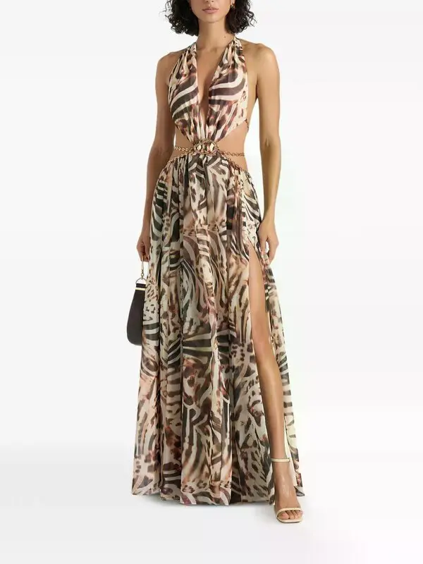Manière De Voir Halterneck Maxi Dress With Chain Detailing And Cut-outs - Neutrals