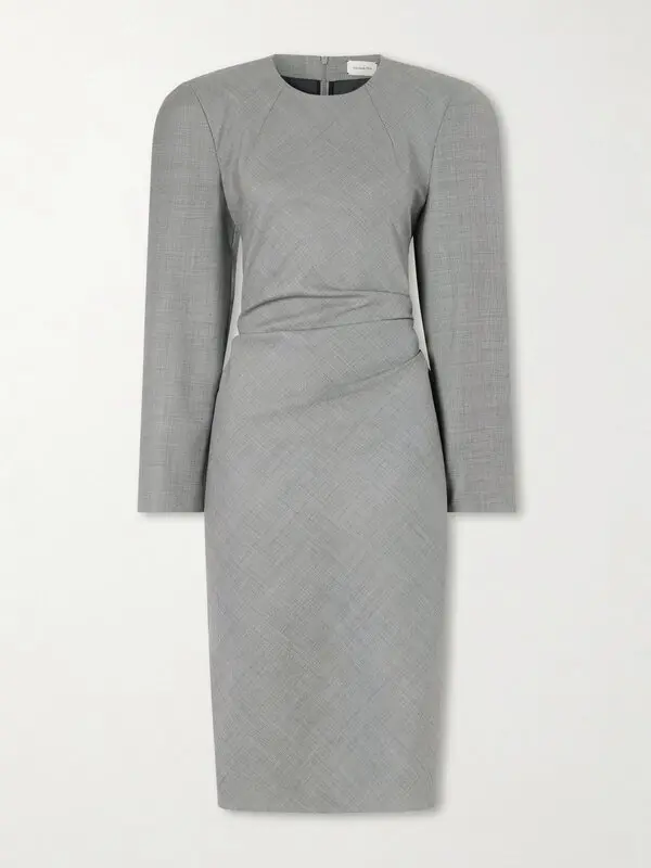 Magda Butrym Tie-detailed Gathered Wool-blend Midi Dress - Gray