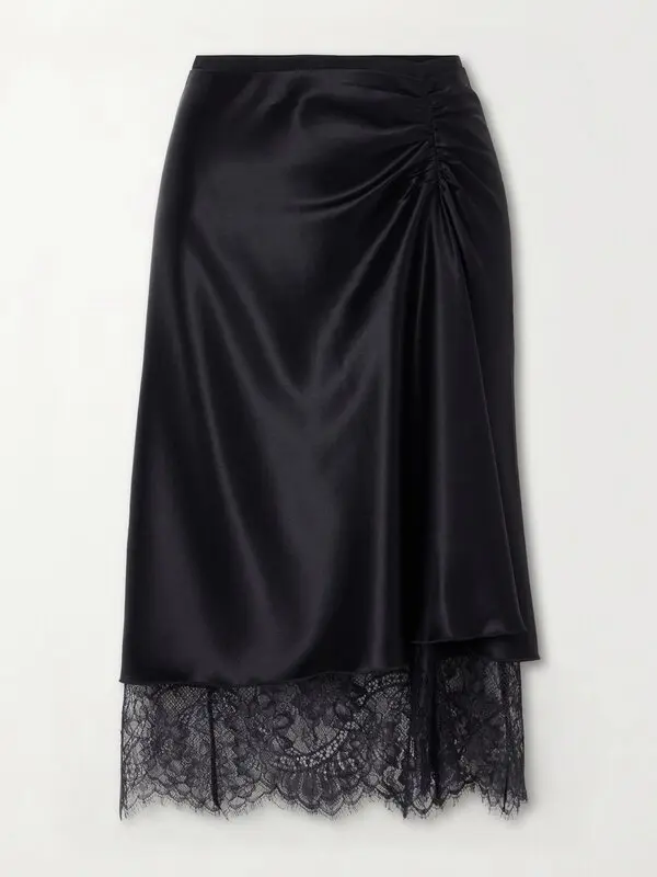 SIR. Ingrid Ruched Satin Midi Skirt With Lace Trim - Black
