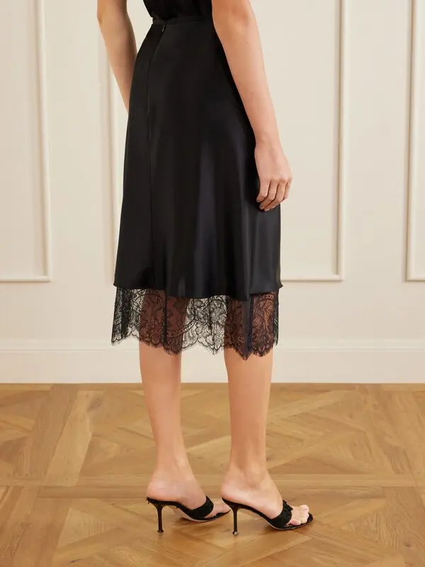 SIR. Ingrid Ruched Satin Midi Skirt With Lace Trim - Black