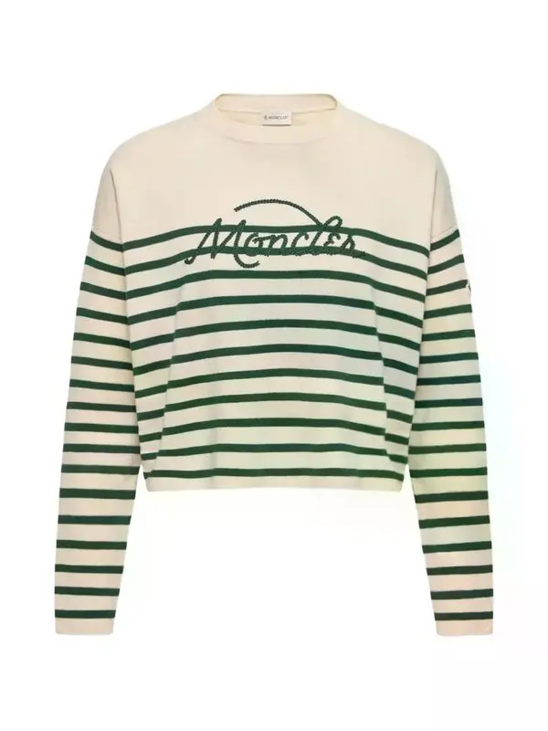 Moncler Striped Logo-embroidered Fine Knit Sweater - Neutrals