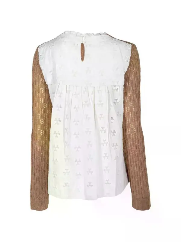 Sea Paneled Pointelle-knit Sweater With Ruffle Collar