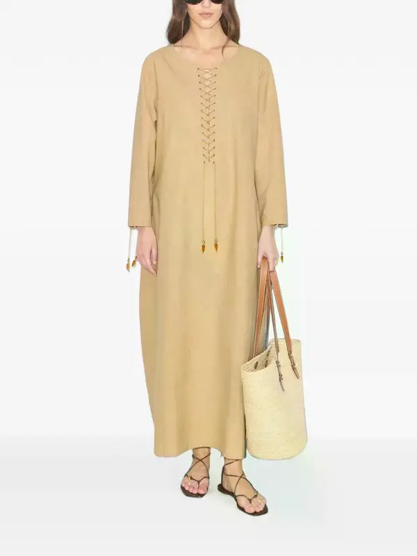 Tory Burch Linen Caftan With Lace-up Detail - Neutrals