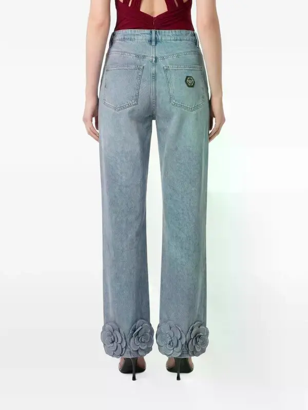 Philipp Plein Strass-embellished Floral-appliqué Denim Trousers