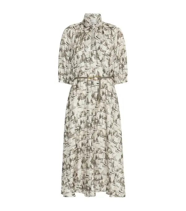 Max Mara Silk Sailboat Print Midi Dress - Grey