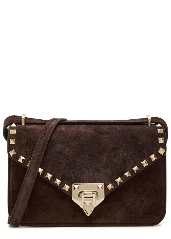 Valentino Garavani Rockstud Small Suede Shoulder Bag - Brown