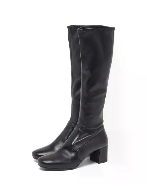 Prada Leather Round Toe Block Heel Knee-high Boots - Black