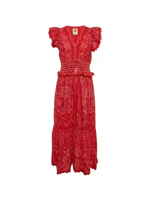 Farm Rio Floral Print Ruffled Maxi Dress - Red