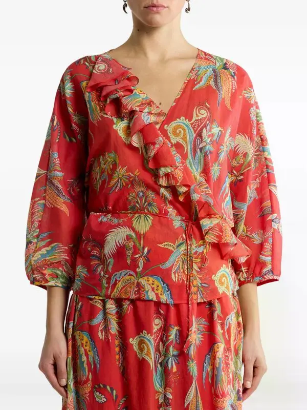 Etro Paisley Print Ruffled V-neck Blouse