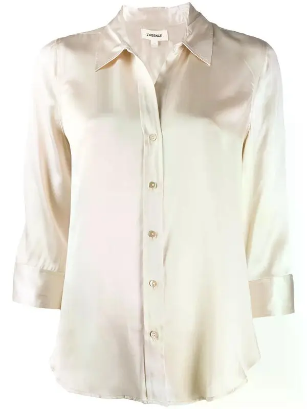 L'Agence Champagne Silk Button-up Shirt With Three-quarter Length Sleeves - Neutrals