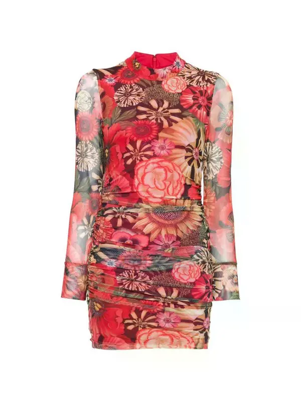 Farm Rio Flowershop Long-sleeve Mini Dress - Red