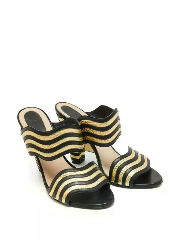 Fendi Gold Metallic Striped Wave-edge Block Heel Sandals