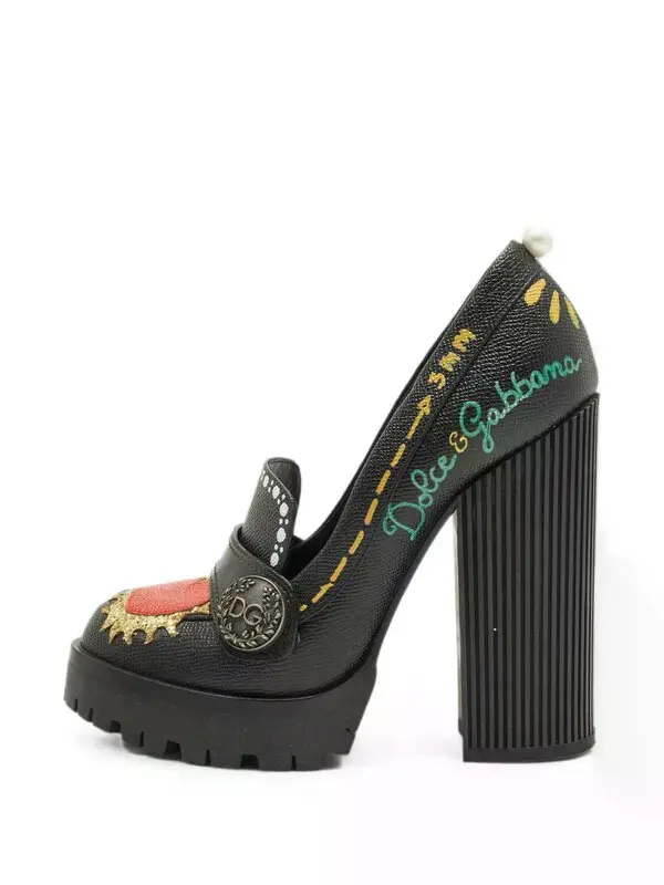 Dolce & Gabbana Leather Embellished Heart Patch Platform Pumps - Black