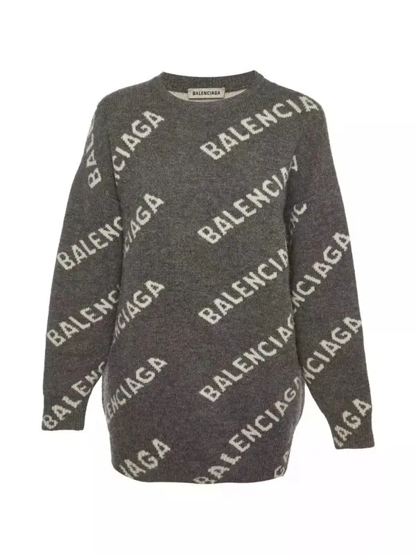 Balenciaga Intarsia-knit Logo Motif Wool Sweater - Grey