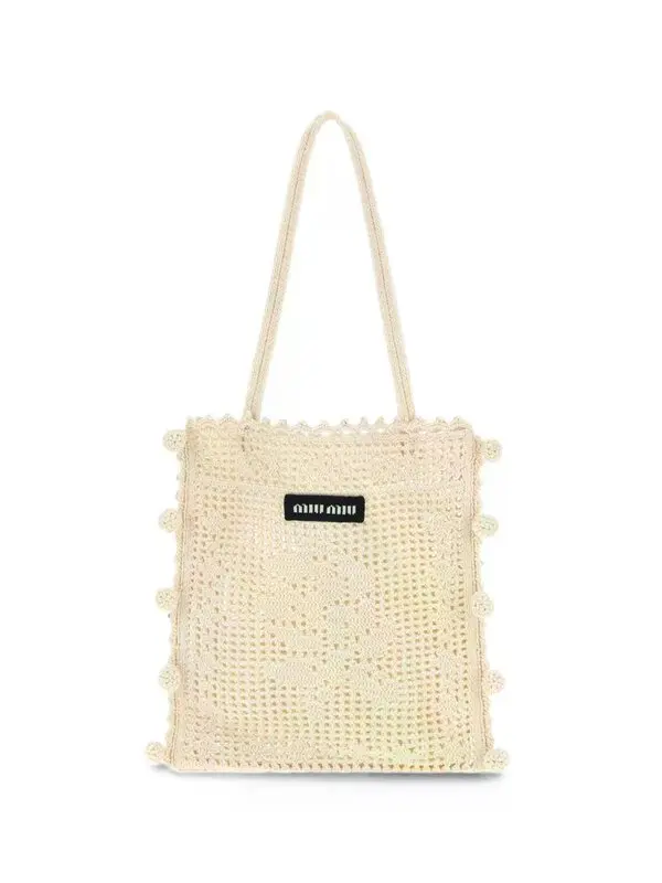 Miu Miu Crochet Shoulder Bag With Pompom Detailing - Neutrals