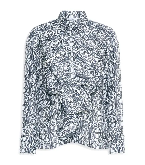 Max Mara Silk Monogram Print Blouse With Front Tie - Navy